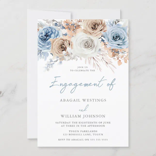 Boho Dusty Blue: Bohemian Floral Engagement Party Invitation | Zazzle