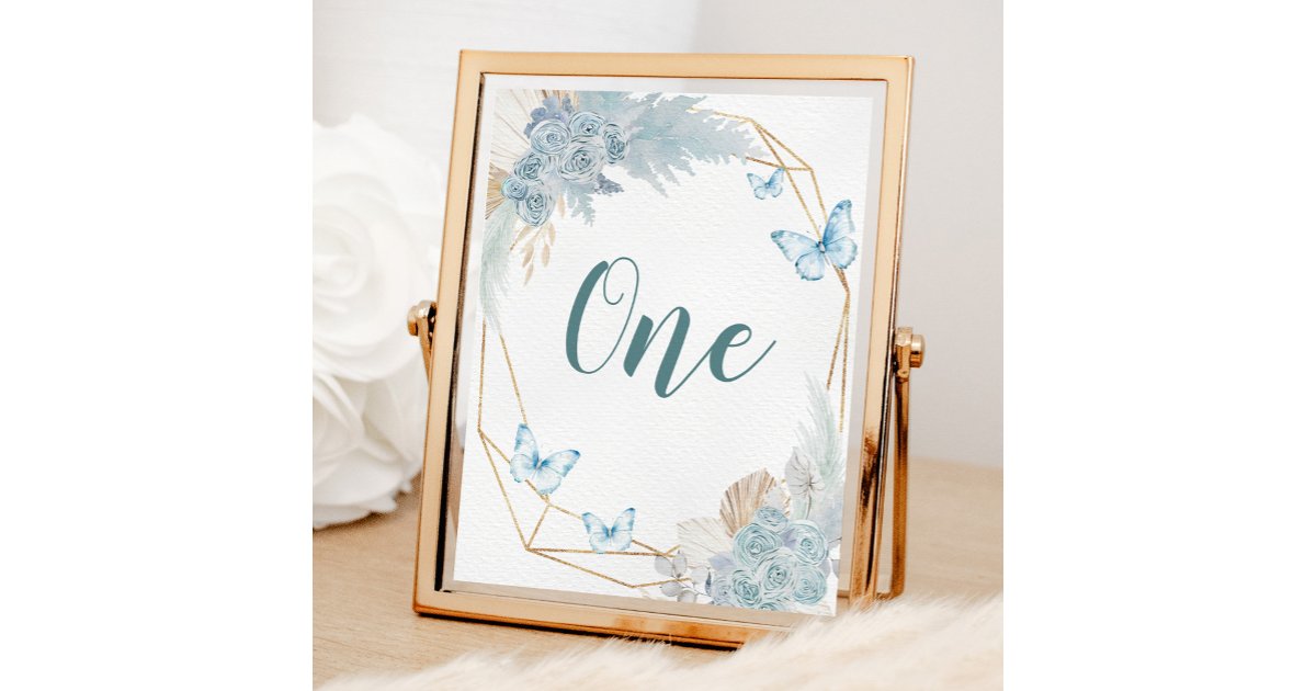 Boho Dusty Blue Butterfly Birthday Table Number | Zazzle
