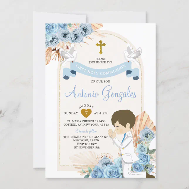Boho Dusty Blue Flowers Boy First Holy Communion Invitation | Zazzle