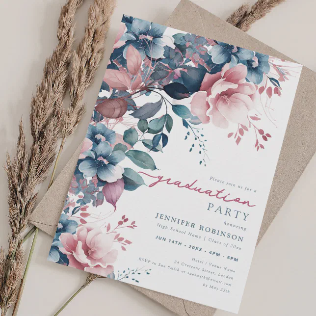 Boho Dusty Blue Summer Garden Floral Graduation Invitation | Zazzle