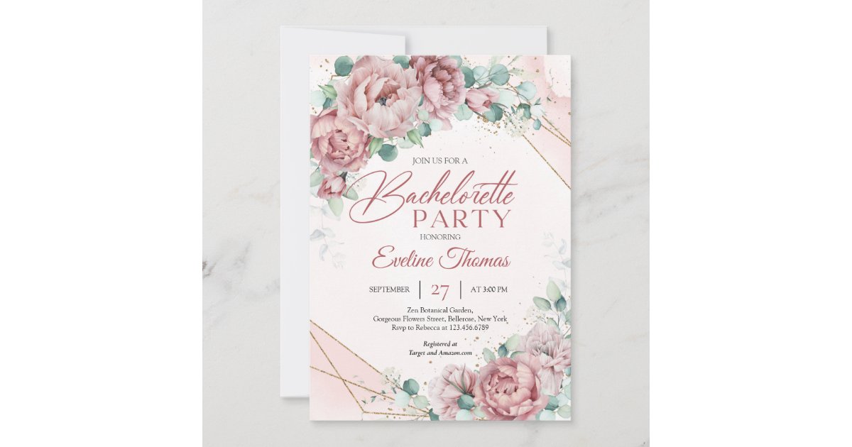 Boho dusty pink blush eucalyptus gold frame invitation | Zazzle