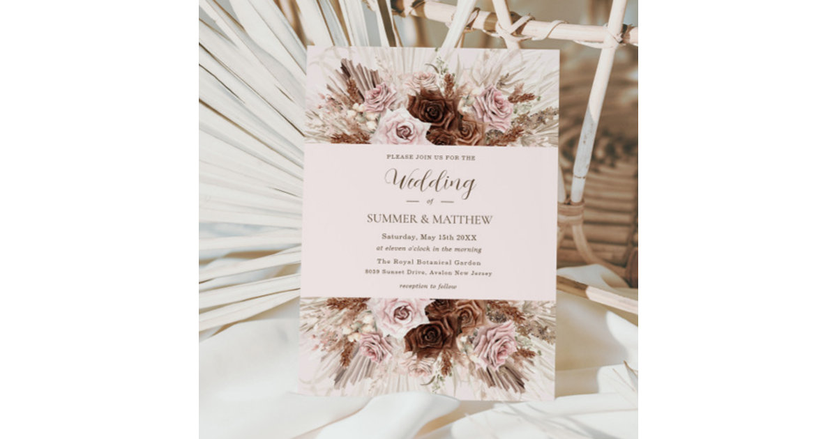 Boho Dusty Pink Brown Flowers Pampas Grass Wedding Invitation | Zazzle