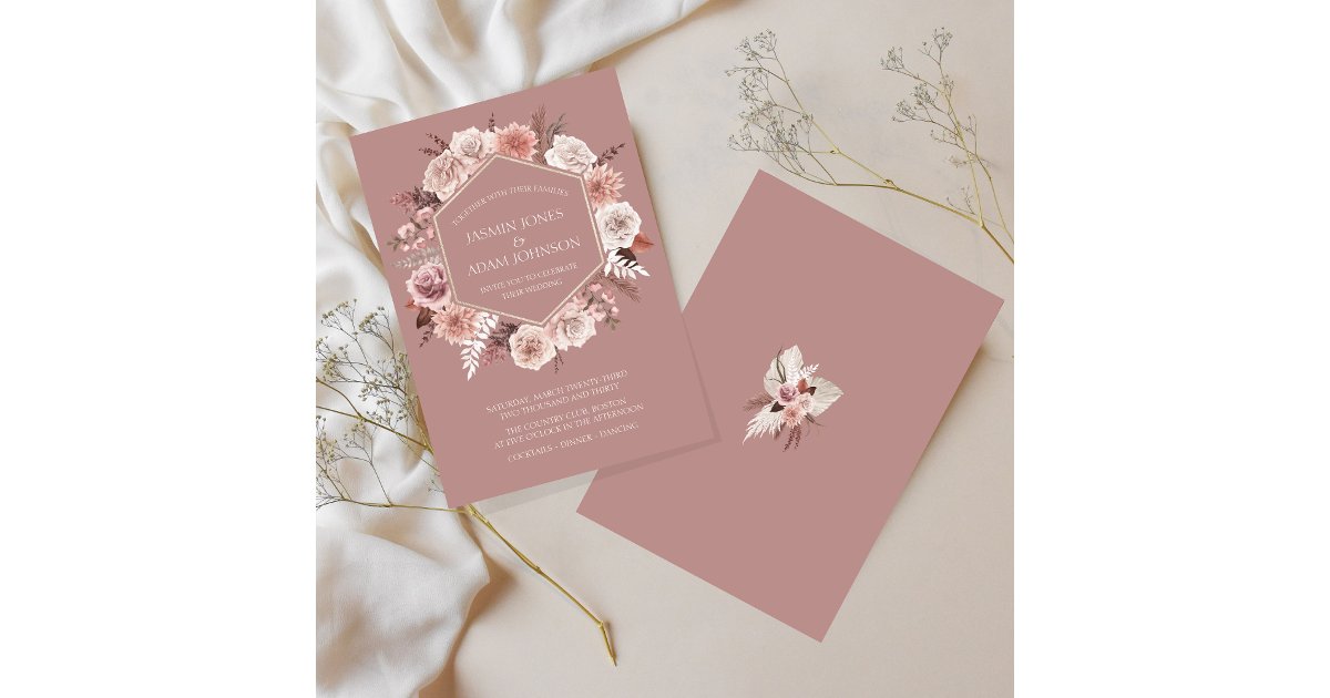 Boho Dusty Pink Floral Wreath Wedding Invitation | Zazzle