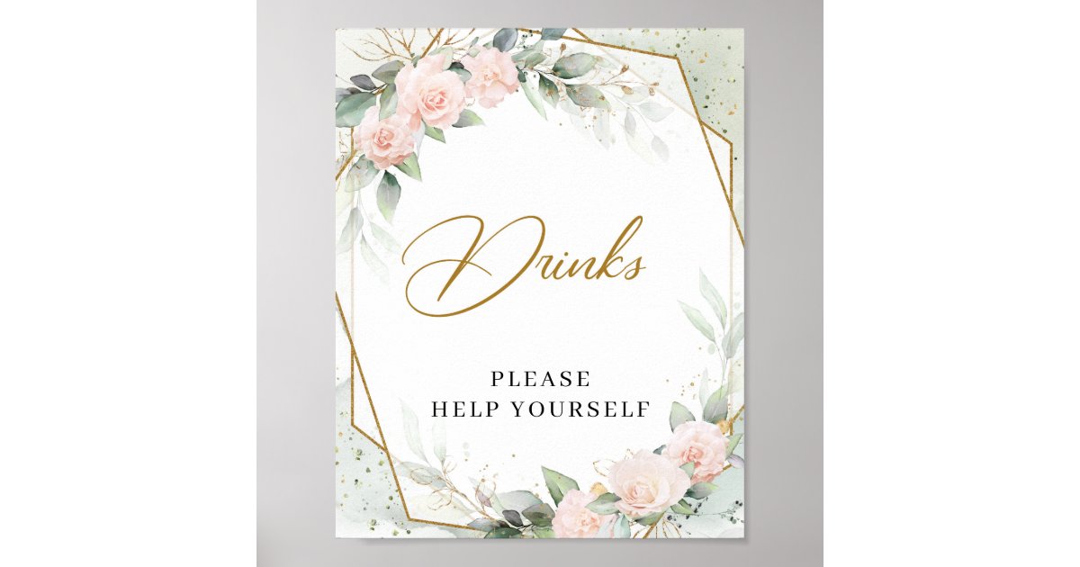 Boho dusty pink roses eucalyptus gold frame Drinks Poster | Zazzle
