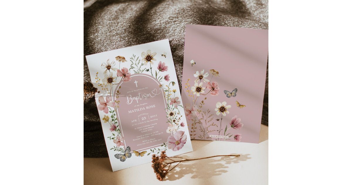 Boho Dusty Pink Wildflower Meadow Baptism Invitation | Zazzle
