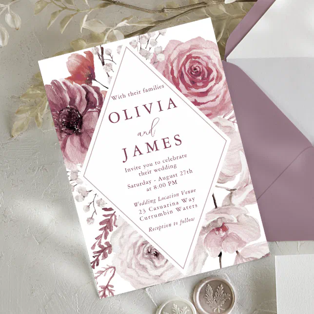 Boho Dusty Rose & Mauve Floral Frame Wedding Invitation | Zazzle