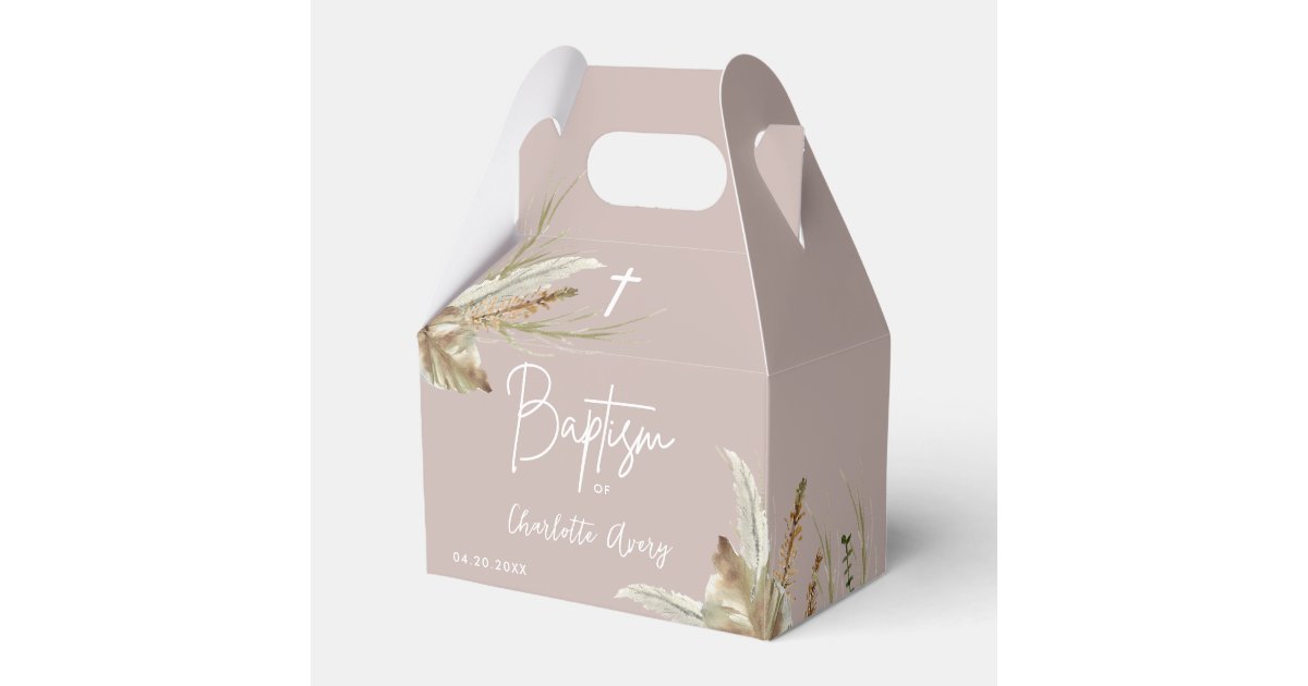Boho Earth tone pampas grass blush pink baptism Favor Boxes | Zazzle