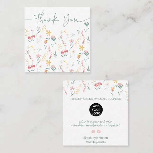 Boho editable floral pattern order thank you square business card | Zazzle