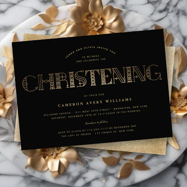 Boho Elegant Chic Gold/Black Christening Religious Invitation | Zazzle