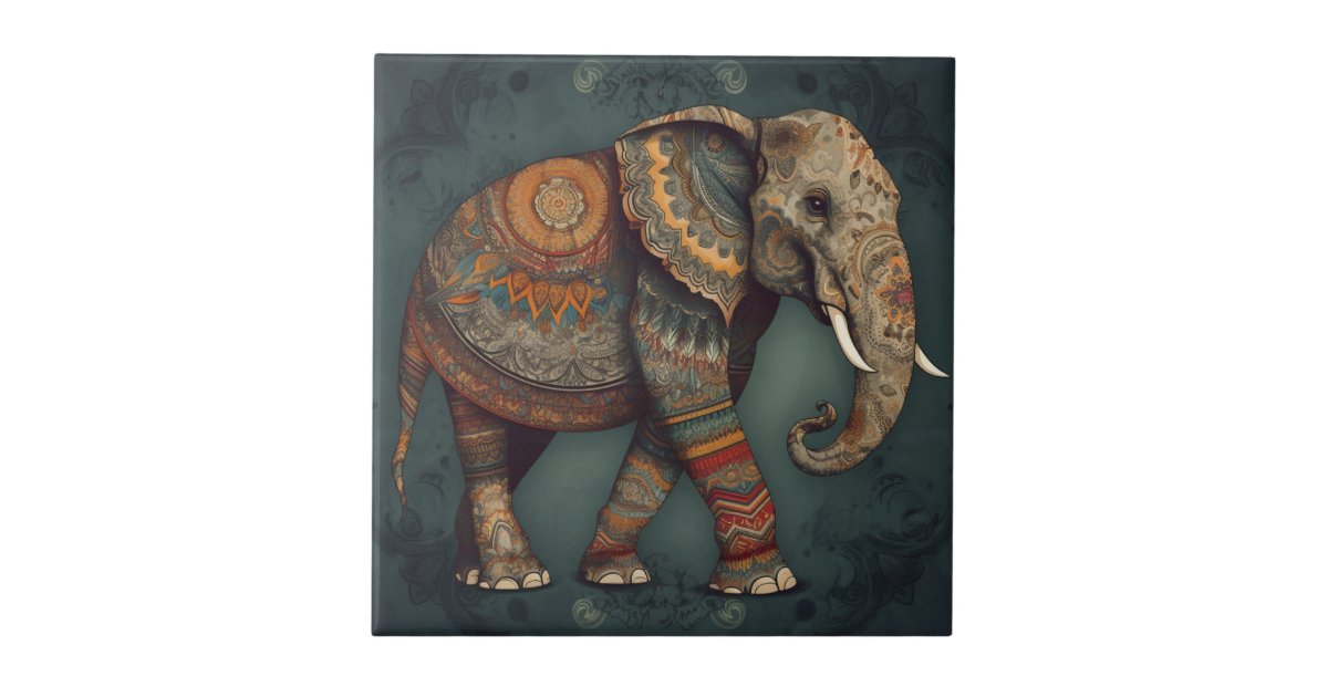Boho Elephant Ceramic Tile with Ornate Decorations | Zazzle