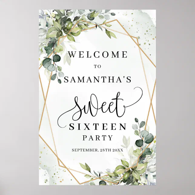 Boho Eucalyptus greenery 16th birthday welcome Poster | Zazzle