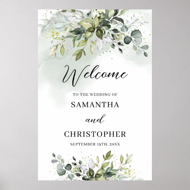 Boho Eucalyptus greenery branches gold Welcome Poster | Zazzle