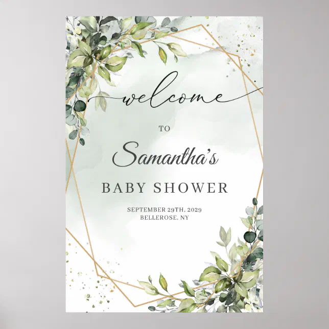 Boho eucalyptus greenery gold Baby Shower welcome Poster | Zazzle