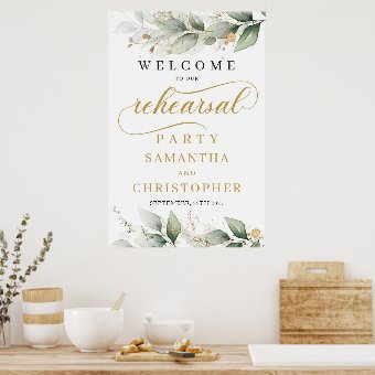 Boho Eucalyptus Leaves Gold Rehearsal Welcome Sign | Zazzle