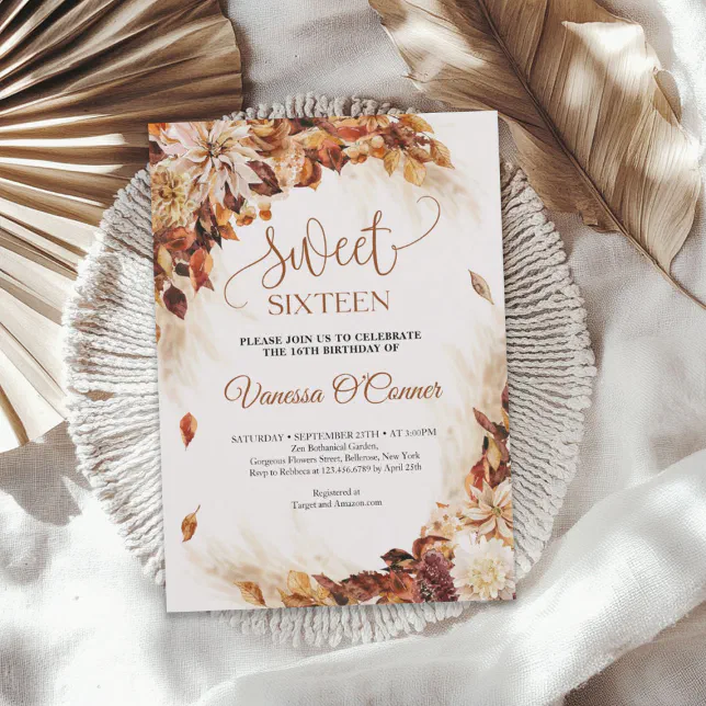 Boho Fall and autumn copper flowers and leaves Invitation | Zazzle