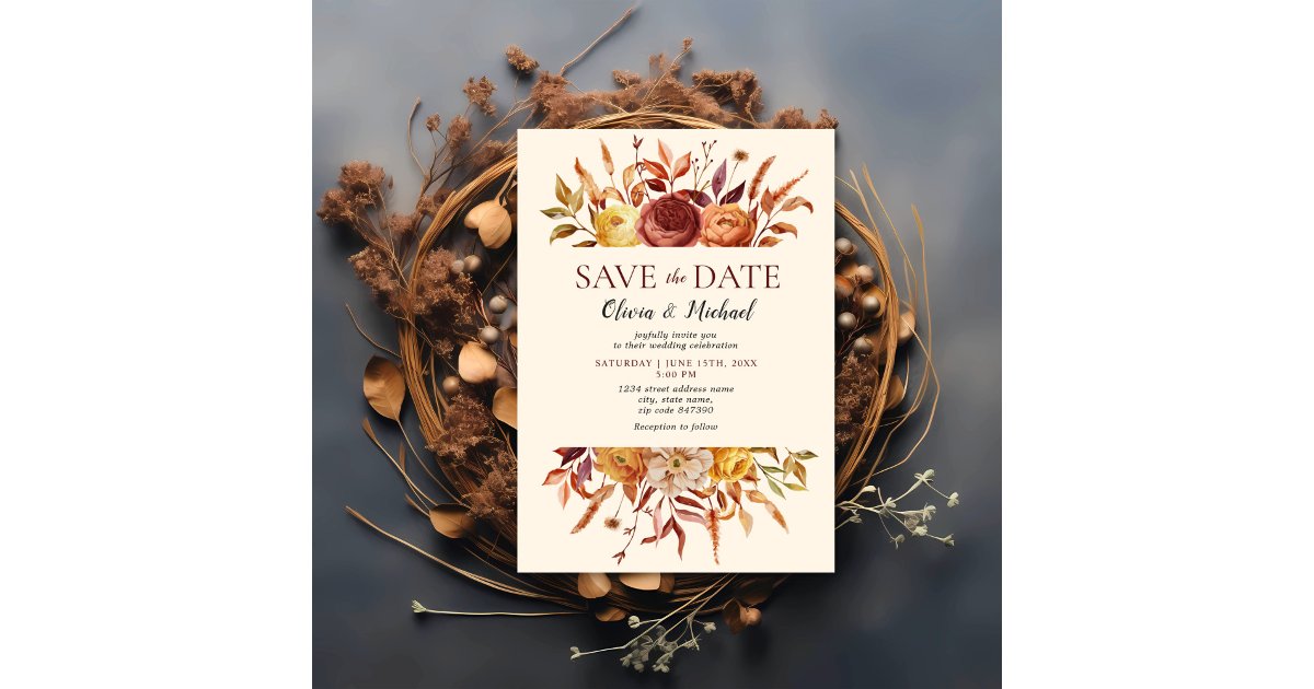 Boho Fall Floral Rustic Flowers Wedding Invitation | Zazzle