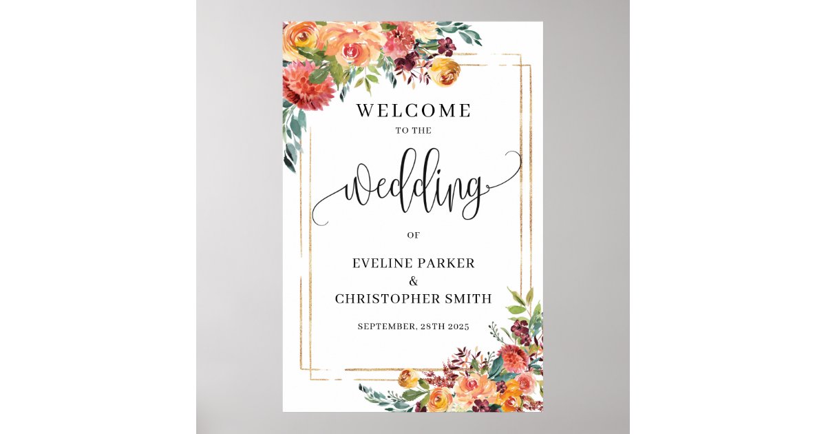 Boho Fall marigold gold frame welcome sign poster | Zazzle