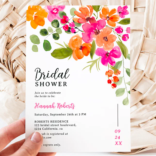 Boho fall orange floral watercolor bridal shower invitation | Zazzle