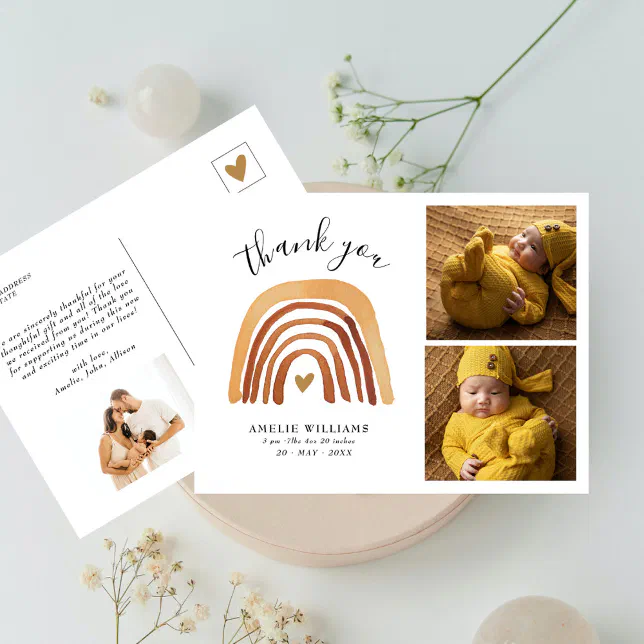 Boho Fall Rainbow 2 Photo New Baby Thank You Postcard | Zazzle