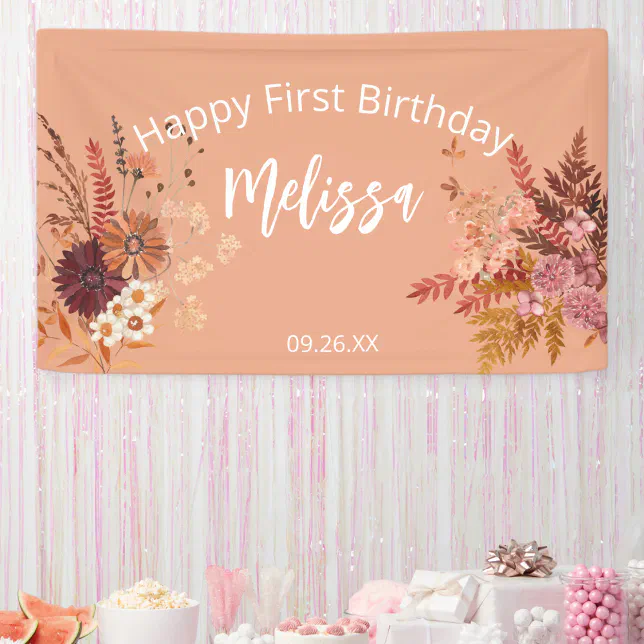 Boho Fall Rustic Burgundy Happy First Birthday Banner | Zazzle