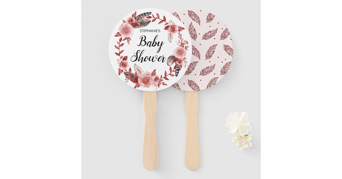 Boho Feather Burgundy Rose Wreath Baby Shower Hand Fan | Zazzle