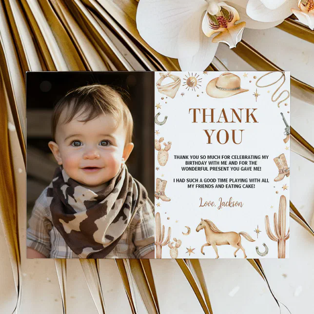 Boho First Rodeo Birthday Photo Thank You Card | Zazzle