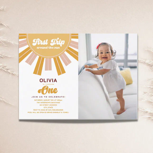 Boho First Trip Around Sun First Birthday Photo Invitation | Zazzle