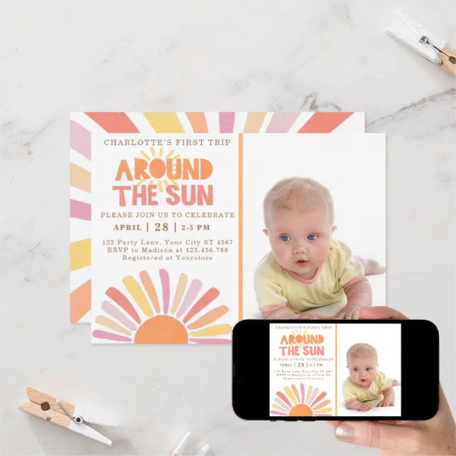 Boho First Trip Around The Sun 1st Birthday Photo Invitation | Zazzle
