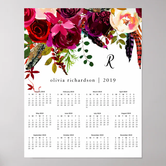 Boho Floral | 2019 Calendar with Monogram Poster | Zazzle