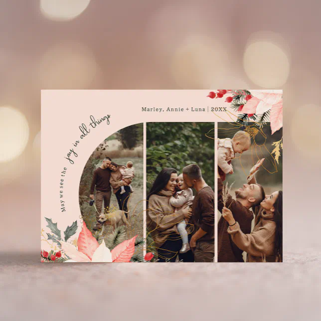 Boho Floral Arch Joy In All Things Three Photo Holiday Card | Zazzle