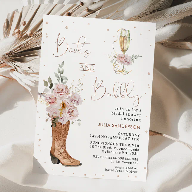 Boho Floral Boot Boot and Brunch Bridal Shower Invitation | Zazzle