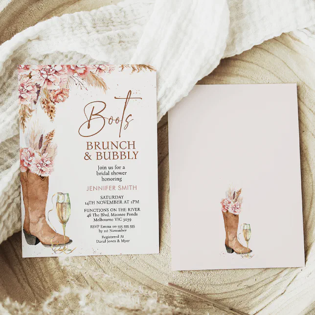 Boho Floral Boots Brunch Bubbly Bridal Shower Invitation | Zazzle