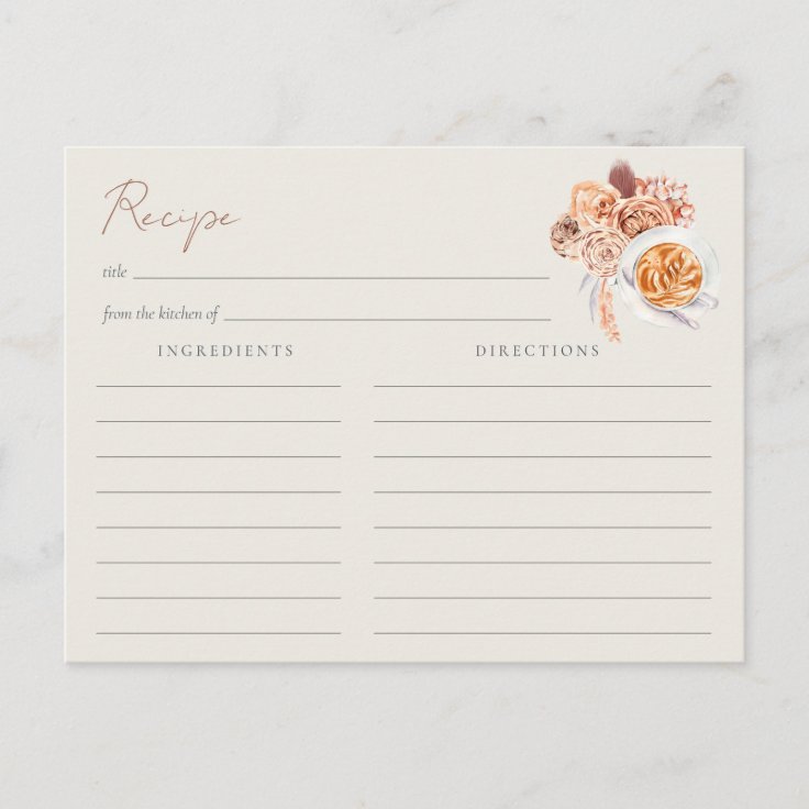 Boho Floral Coffee Cup Bridal Shower Recipe Card | Zazzle