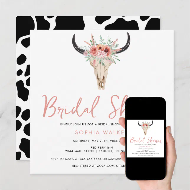 Boho Floral Cow Print Western Bridal Shower Invitation | Zazzle