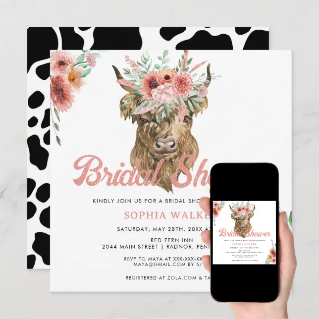 Boho Floral Cow Print Western Bridal Shower Invitation | Zazzle