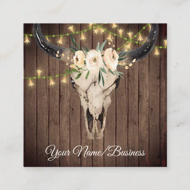 Boho Floral Cow Skull, String Lights on Barnwood Square Business Card ...