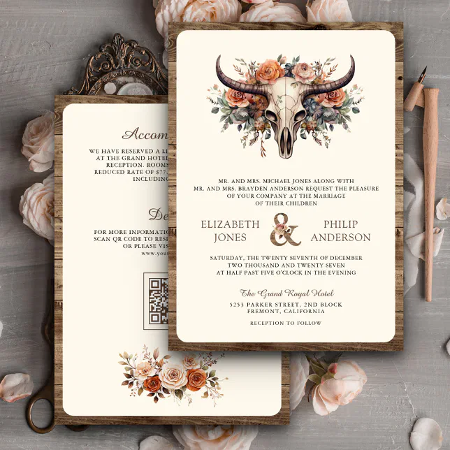 Boho Floral Cow Skull Western Wedding Invitation | Zazzle