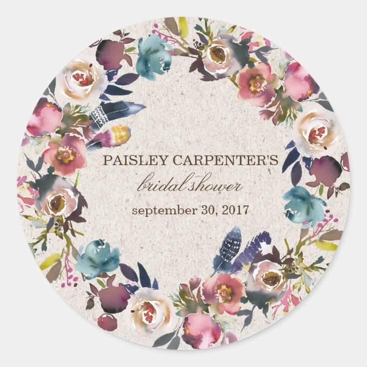 Boho Floral Feather Rustic Shower Sticker, Favor Classic Round Sticker ...