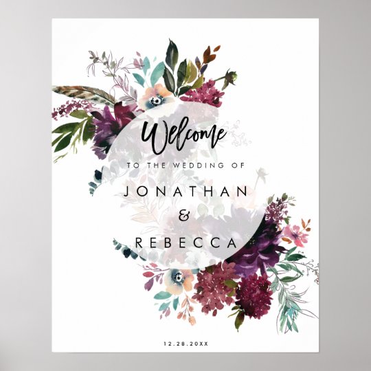 boho floral feather wedding welcome sign poster | Zazzle.com