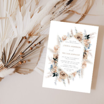 Boho Floral Frame Dusty Blue Wedding Invitation | Zazzle