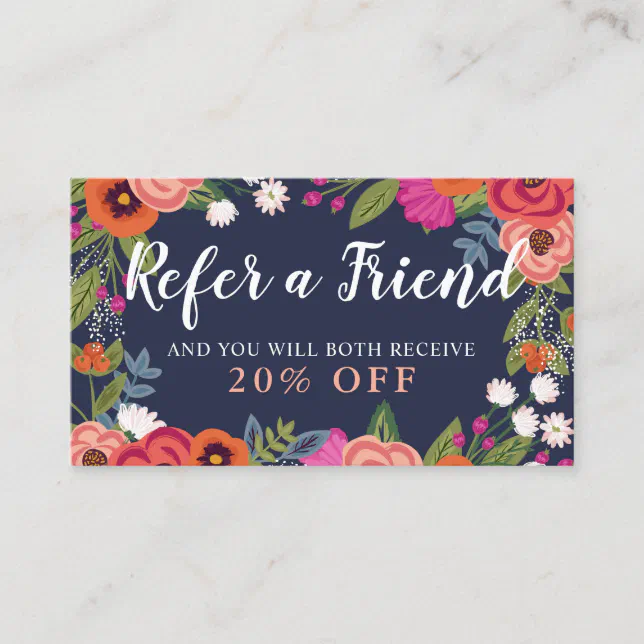Boho Floral Frame - Navy Blue Refer A Friend Referral Card | Zazzle