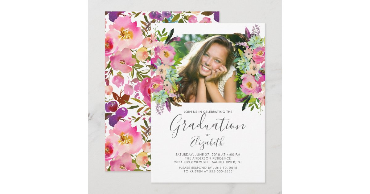Boho Floral Frame Photo Graduation Invitation | Zazzle
