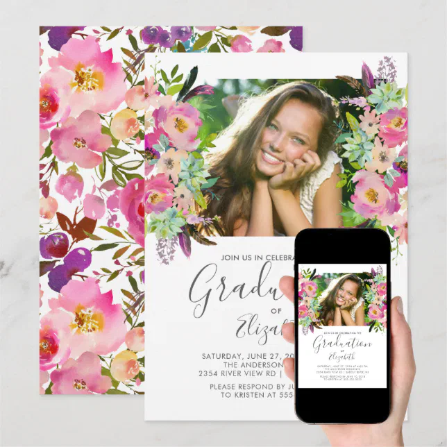 Boho Floral Frame Photo Graduation Invitation | Zazzle