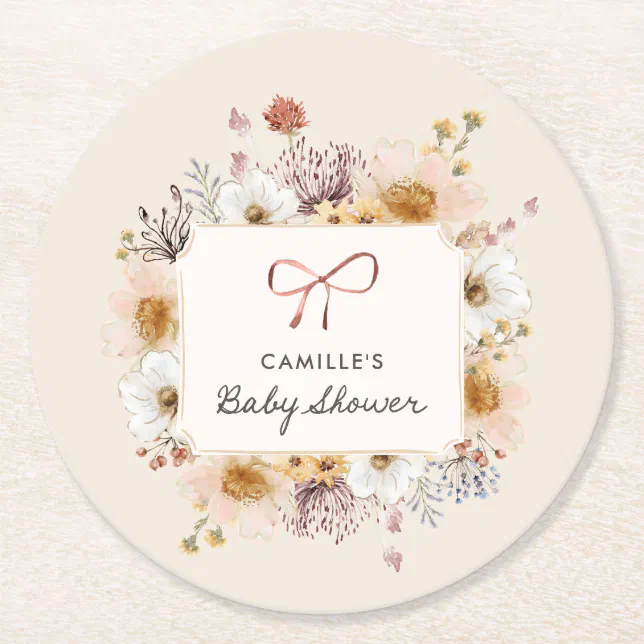 Boho Floral Girl Baby Shower Round Paper Coaster | Zazzle