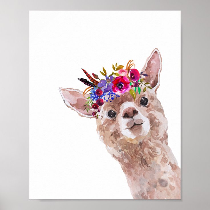 Boho Floral Llama Alpaca Nursery Child Poster | Zazzle