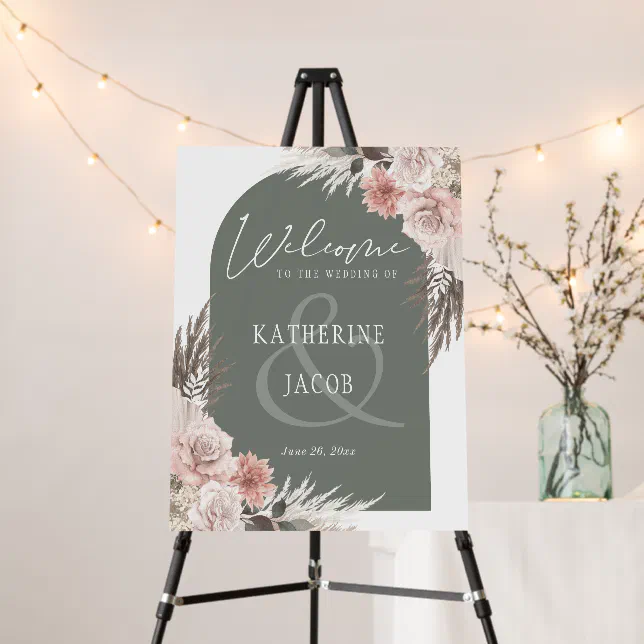 Boho Floral Pampas Grass Sage Wedding Welcome Sign | Zazzle