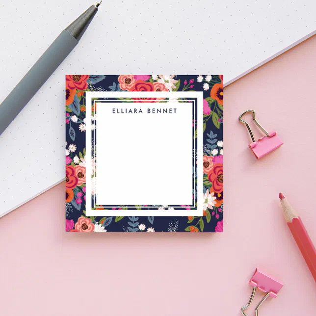Boho Floral Pattern - Navy Blue - Custom Name Post-it Notes | Zazzle