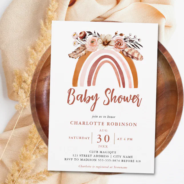 Boho Floral Rainbow Terracotta Orange Baby Shower Invitation | Zazzle