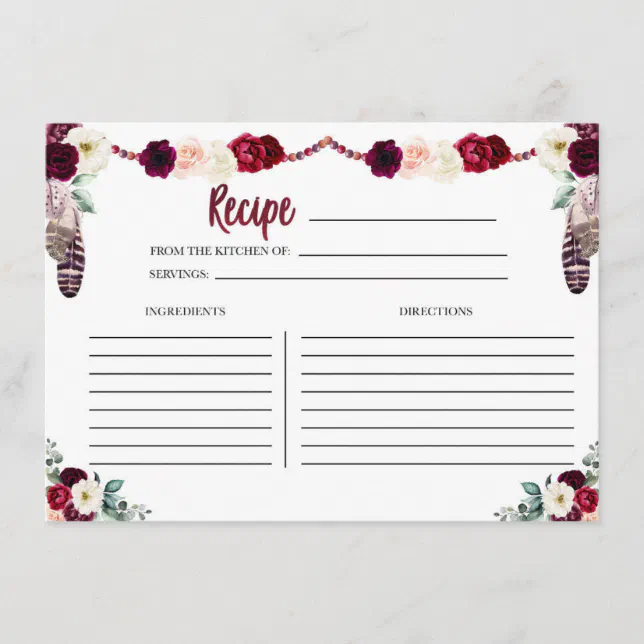Boho Floral Recipe Card | Zazzle