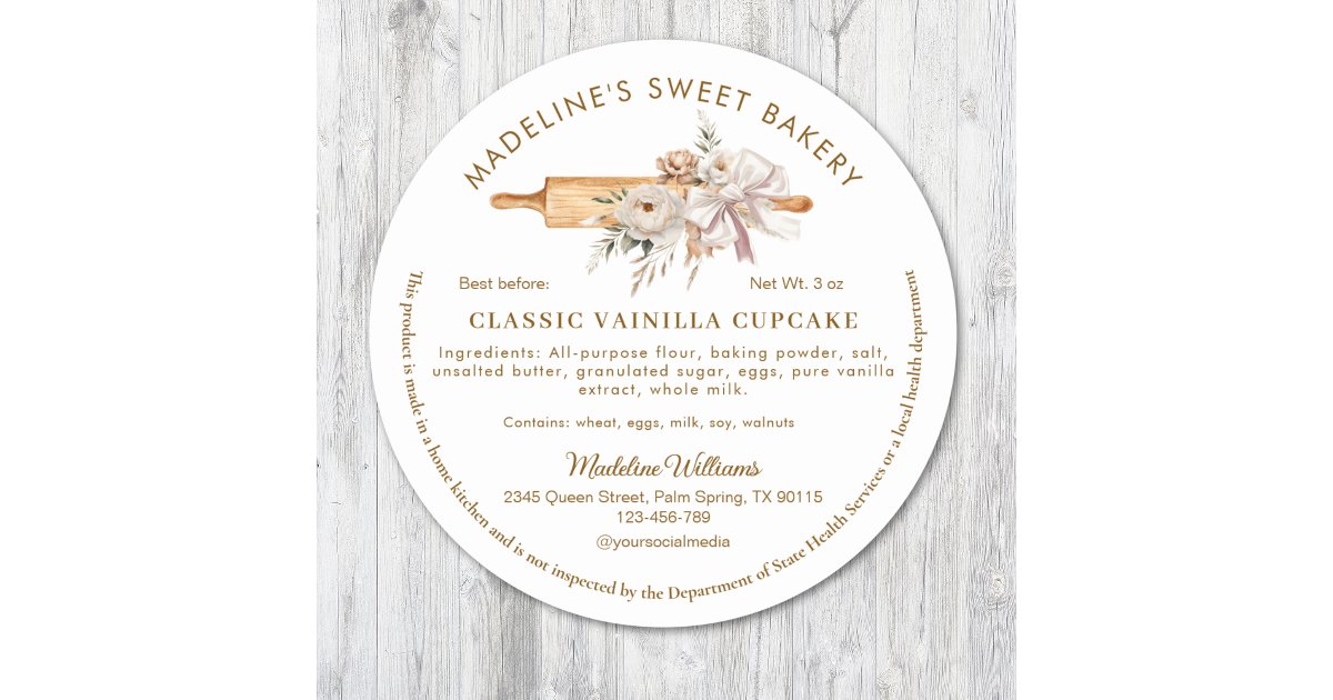 Boho Floral Rustic Rolling Pin Cottage Food law Classic Round Sticker ...